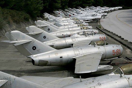 MiG fighters are stored in a mountain in Albania awaiting sales