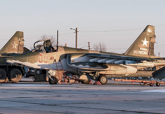 Su-25SM3 ground attack aircraft make unguided missile launches