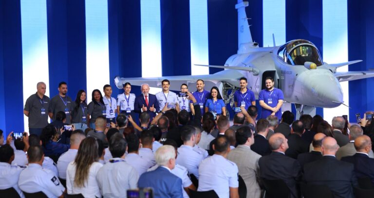 Brazil unveils its first domestically produced Gripen F-39E fighter jet.